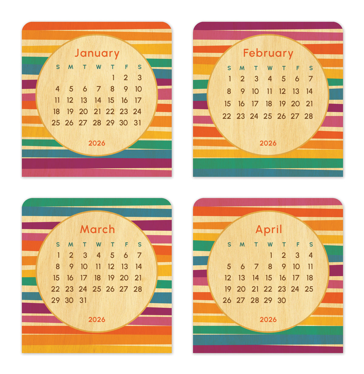 2026 Rainbow Stripes Mini Wood Desk Calendar – Night Owl Paper Goods